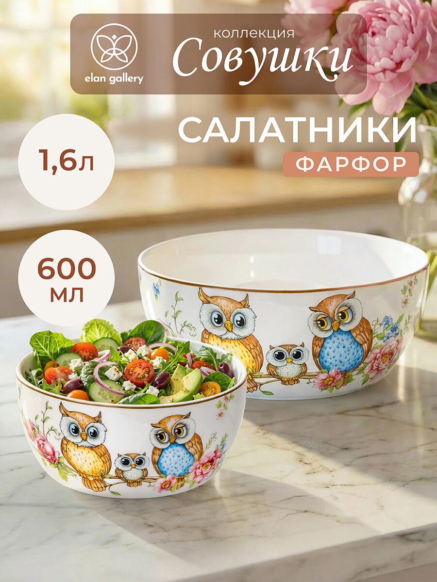 Набор 2 салатников - 600 мл 14*14*6 см + 1,7 л 20*20*7,5 см "Совушки" NEW BONE CHINA