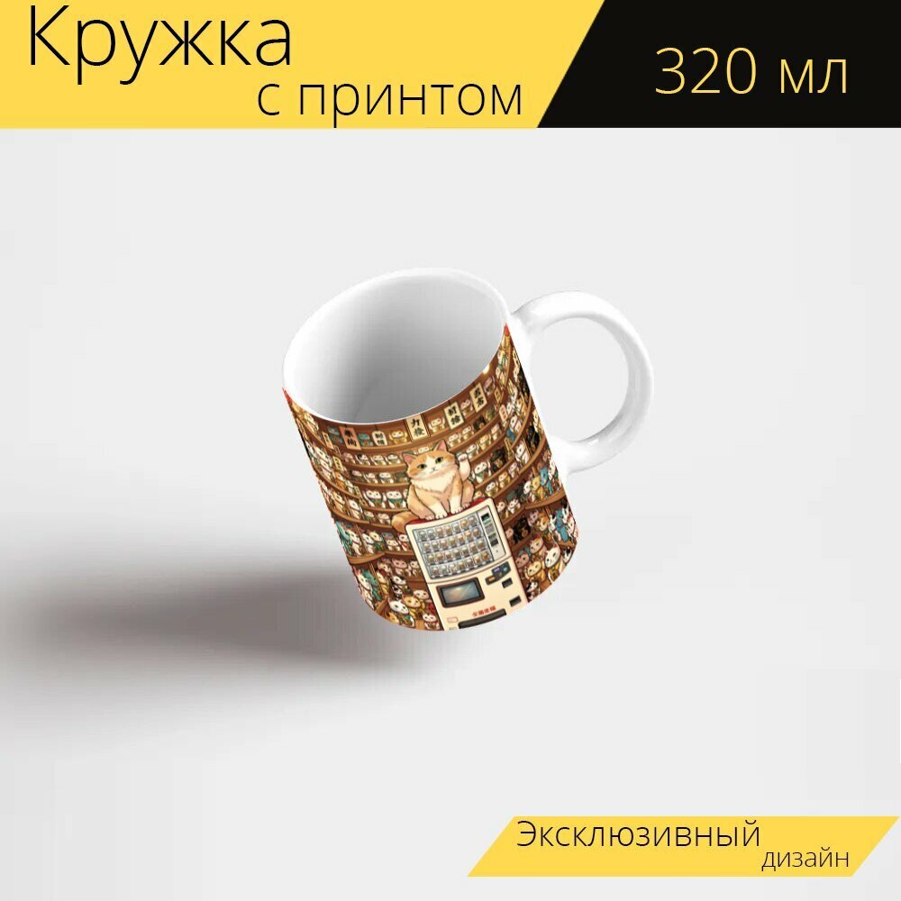 Кружка с рисунком, принтом "Магазин счастливых котов. Яркая японская сцена с множеством фигурок манэки-нэко на деревянных полках, большой рыжий кот в центре и торговый." 320 мл.