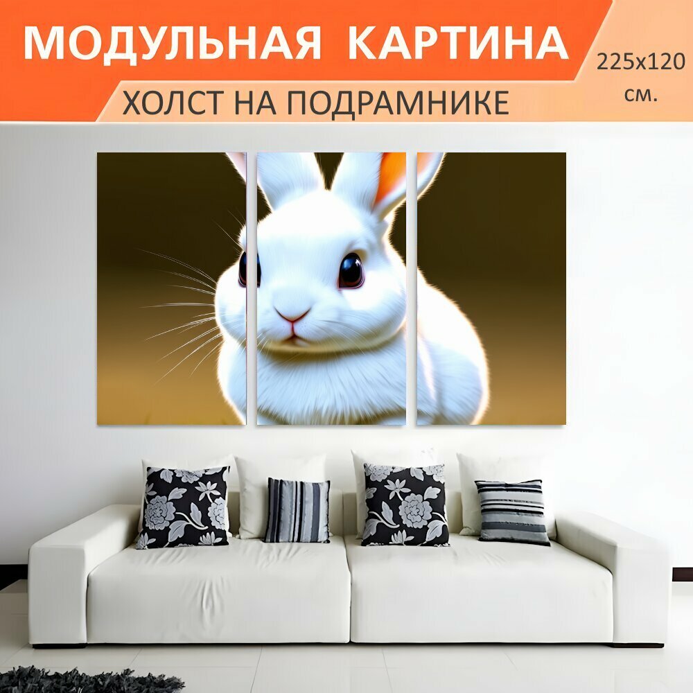 Модульная картина на холсте "Зайка белый, реалистичный стиль, детализированное рисование, яркие цвета" триптих на подрамнике 225х120 см. для интерьера