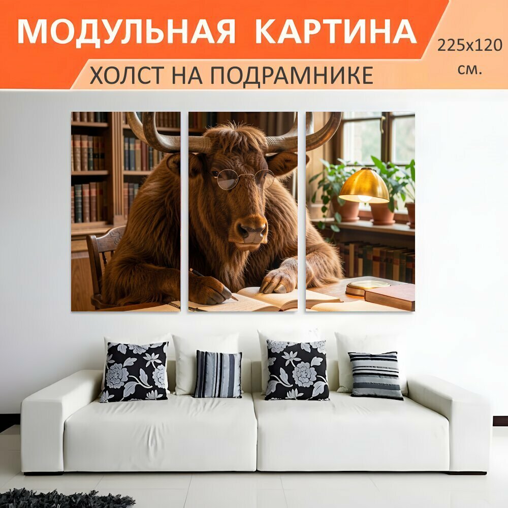 Модульная картина на холсте "Могучий лось с густой коричнево-рыжей шерстью, в стильных круглых очках с тонкой металлической оправой." триптих на подрамнике 225х120 см. для интерьера