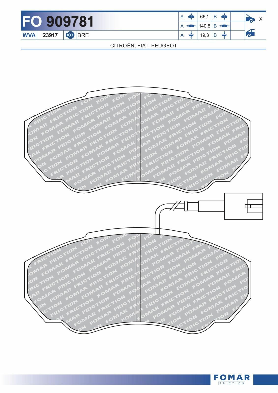 Колодки тормозные дисковые передние FOMAR 909781 Psa Jumper II, Boxer II+Fat Ducato 02-06 Type Brembo с датчиком износа