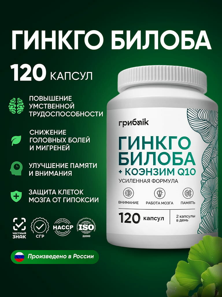 Гинкго билоба + коэнзим q10 для мозга, памяти, антиоксидант, 120 капсул, 400 мг в 2 капсулах, грибnik
