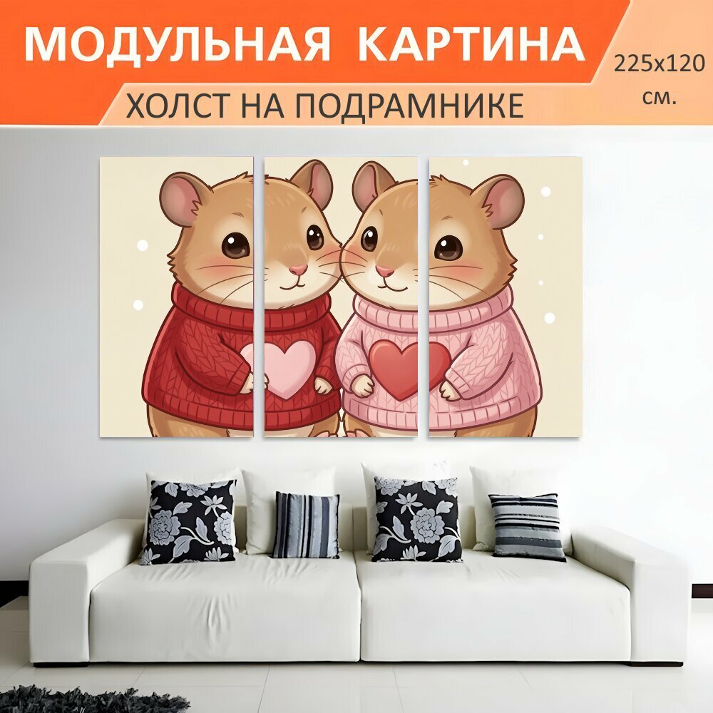 Модульная картина на холсте "Две милые мышки с сердцами. Нежная мультяшная иллюстрация с парой пушистых грызунов в уютных вязаных." триптих на подрамнике 225х120 см. для интерьера