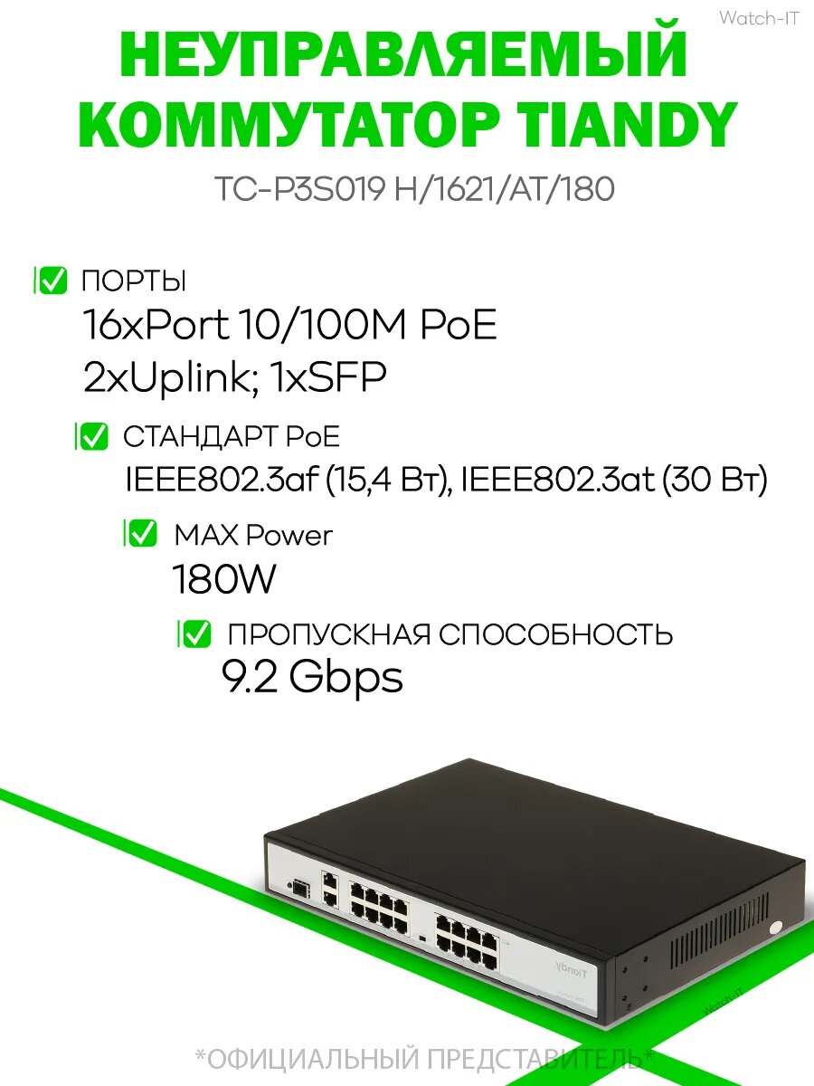 Коммутатор Tiandy TC-P3S019 Spec: H/1621/AT/180