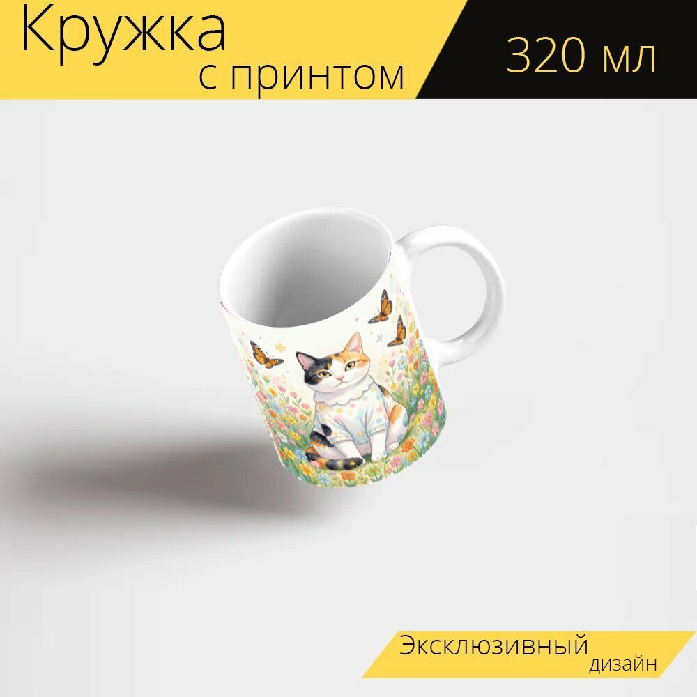 Кружка с рисунком, принтом "Котенок среди цветов и бабочек. Нежная акварельная иллюстрация: пушистый домашний питомец в цветущем лугу, вокруг яркие полевые бутоны и." 320 мл.