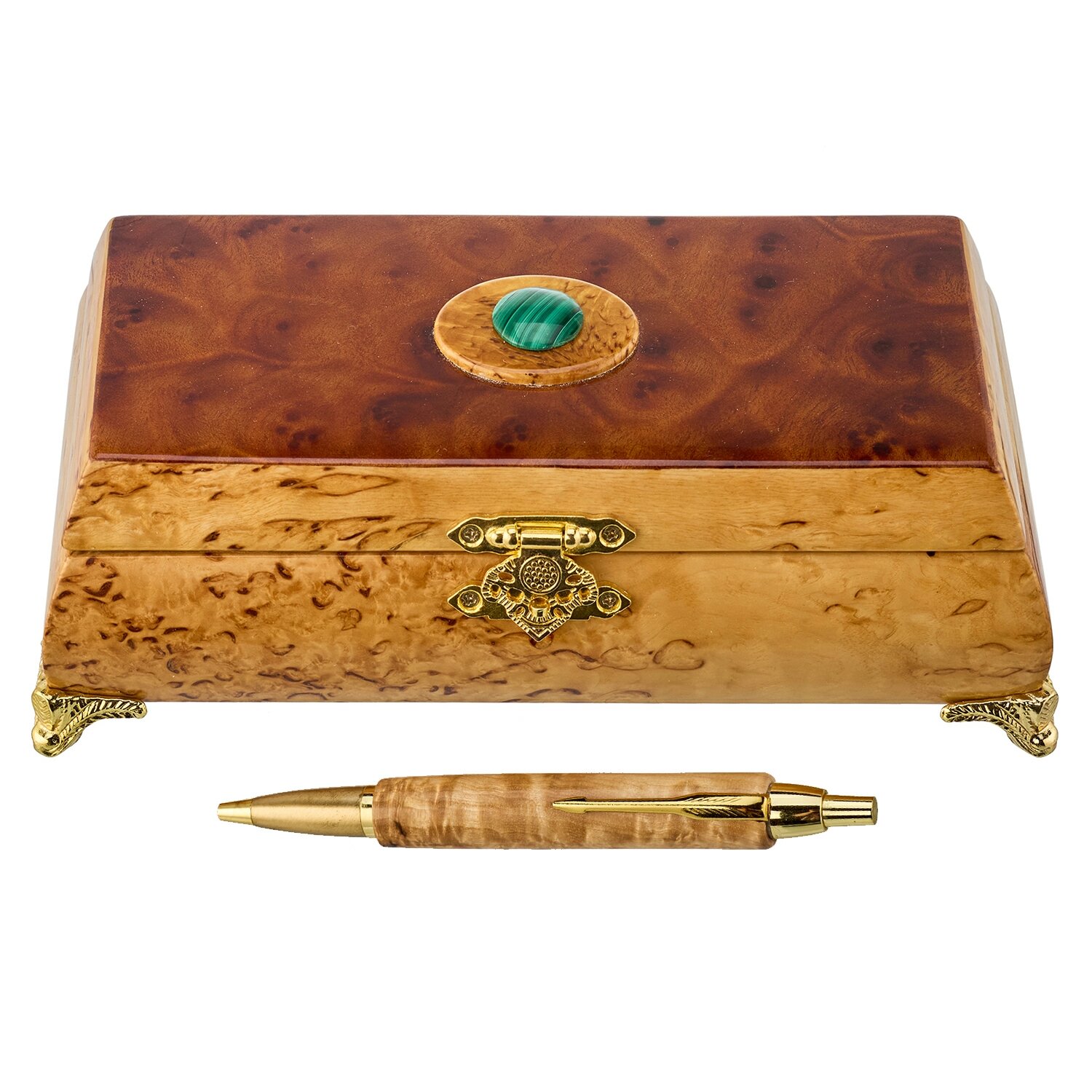 208037 Нат. дерево Шкатулка с ручкой",19,5*19,5*6. кар бер, камфора, малахит