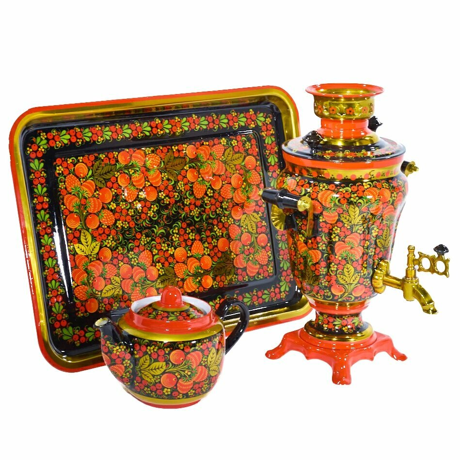 201891 Хохлома самовар 1,5 л "ягоды" (поднос прямоуг и чайник)