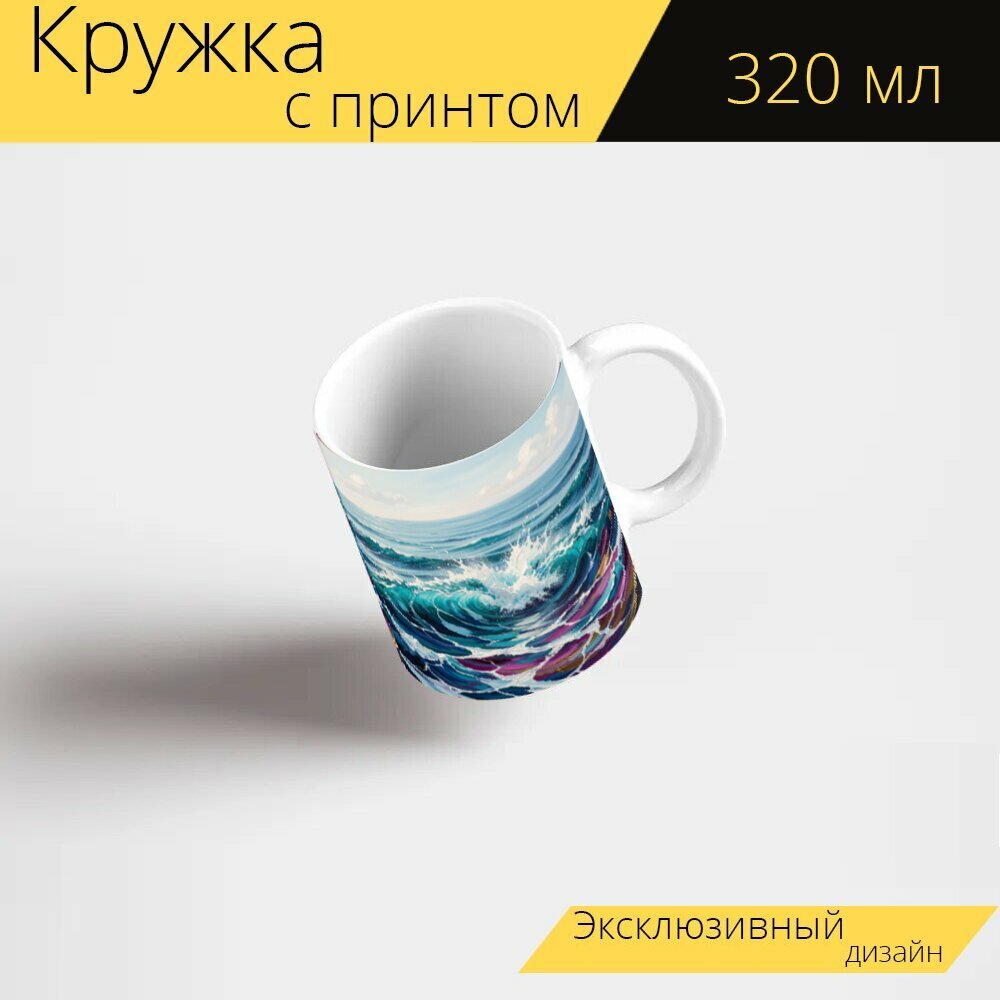 Кружка с рисунком, принтом "Морская волна с брызгами. Живописный океанский простор с мощным всплеском, бирюзовыми и синими оттенками, белой пеной и нежным небом. Динамичная." 320 мл.