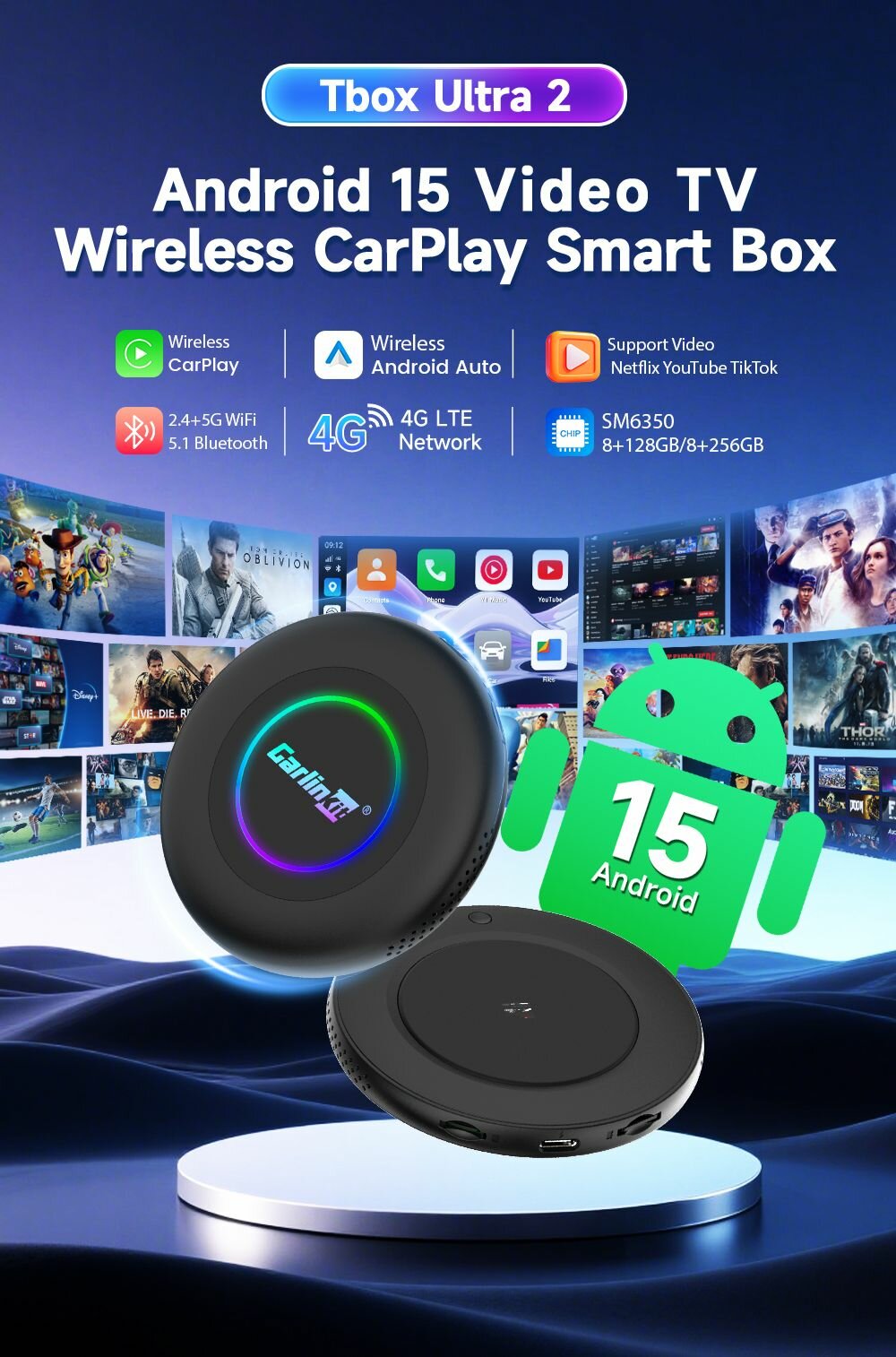 Беспроводной адаптер CarLinkit Car 15 — CarPlay и Android Auto, Android 13, 8+128 ГБ, 4G/5G для авто с проводным CarPlay