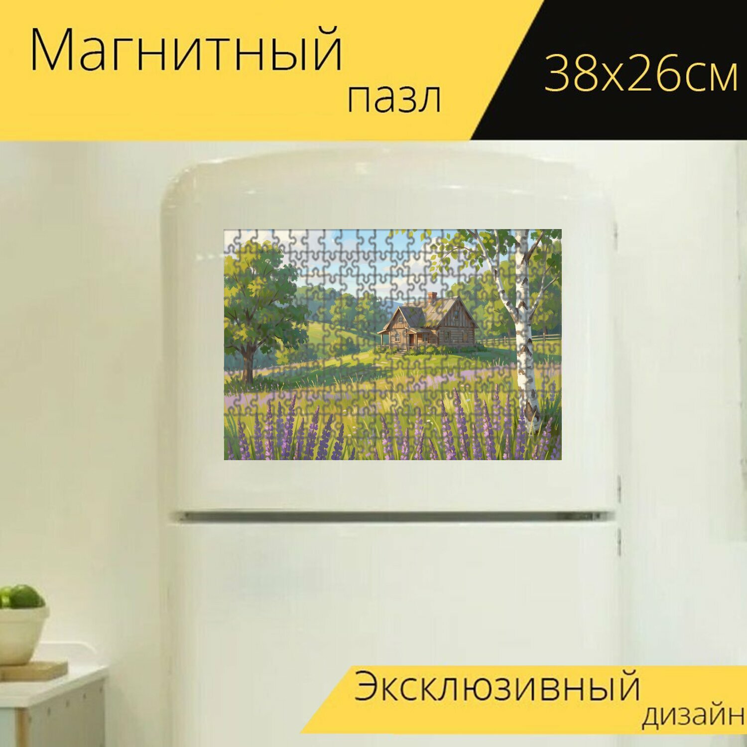 Магнитный пазл "Летний домик в цветущем поле. Уютное деревенское жилище среди солнечных лугов с сиреневыми цветами, березами и зелеными холмами. Светлая." для интерьера, 38х26 см.
