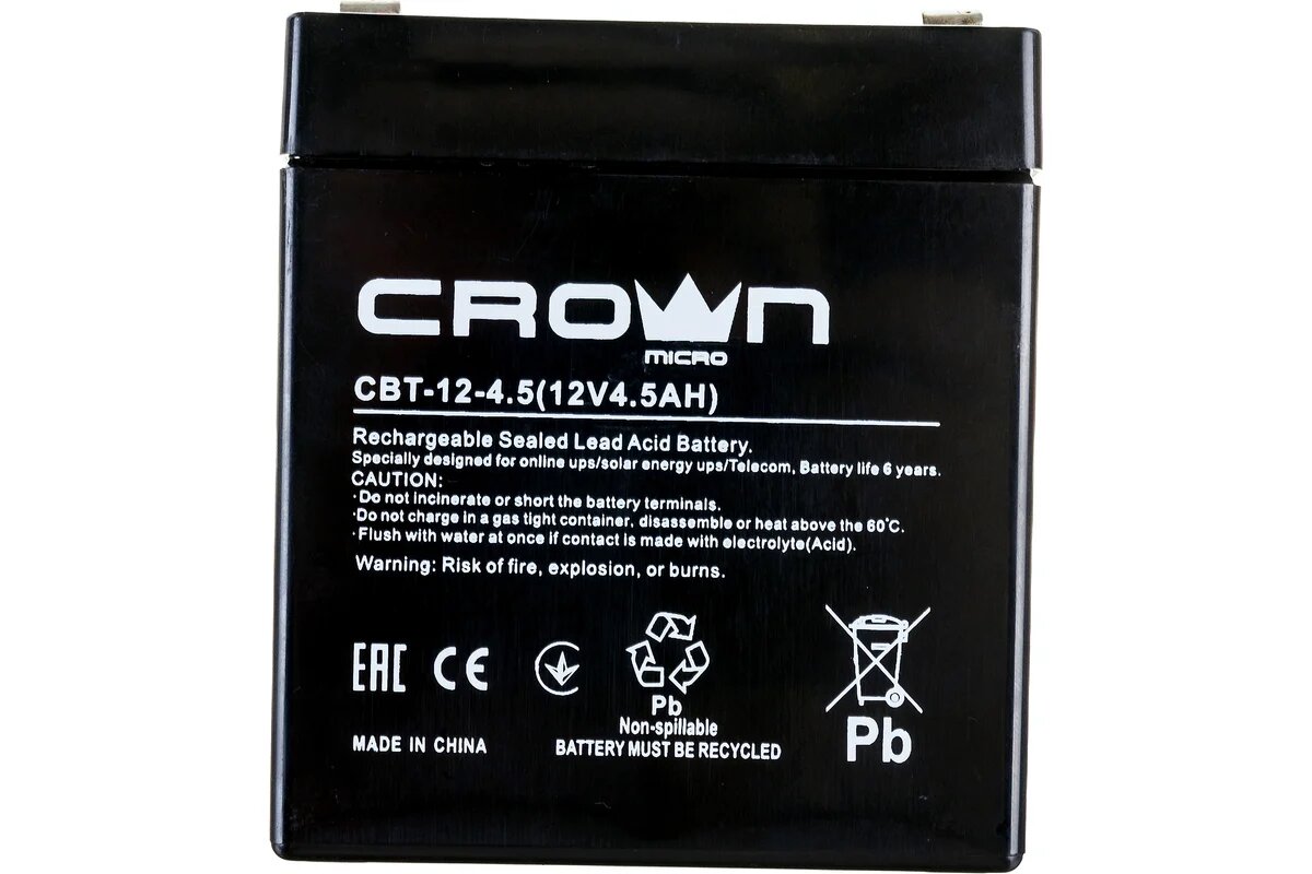 Аккумулятор CROWN CBT‑12‑4.5 AGM 12 В 4.5 Ач герметизированный необслуживаемый для ИБП и генераторов