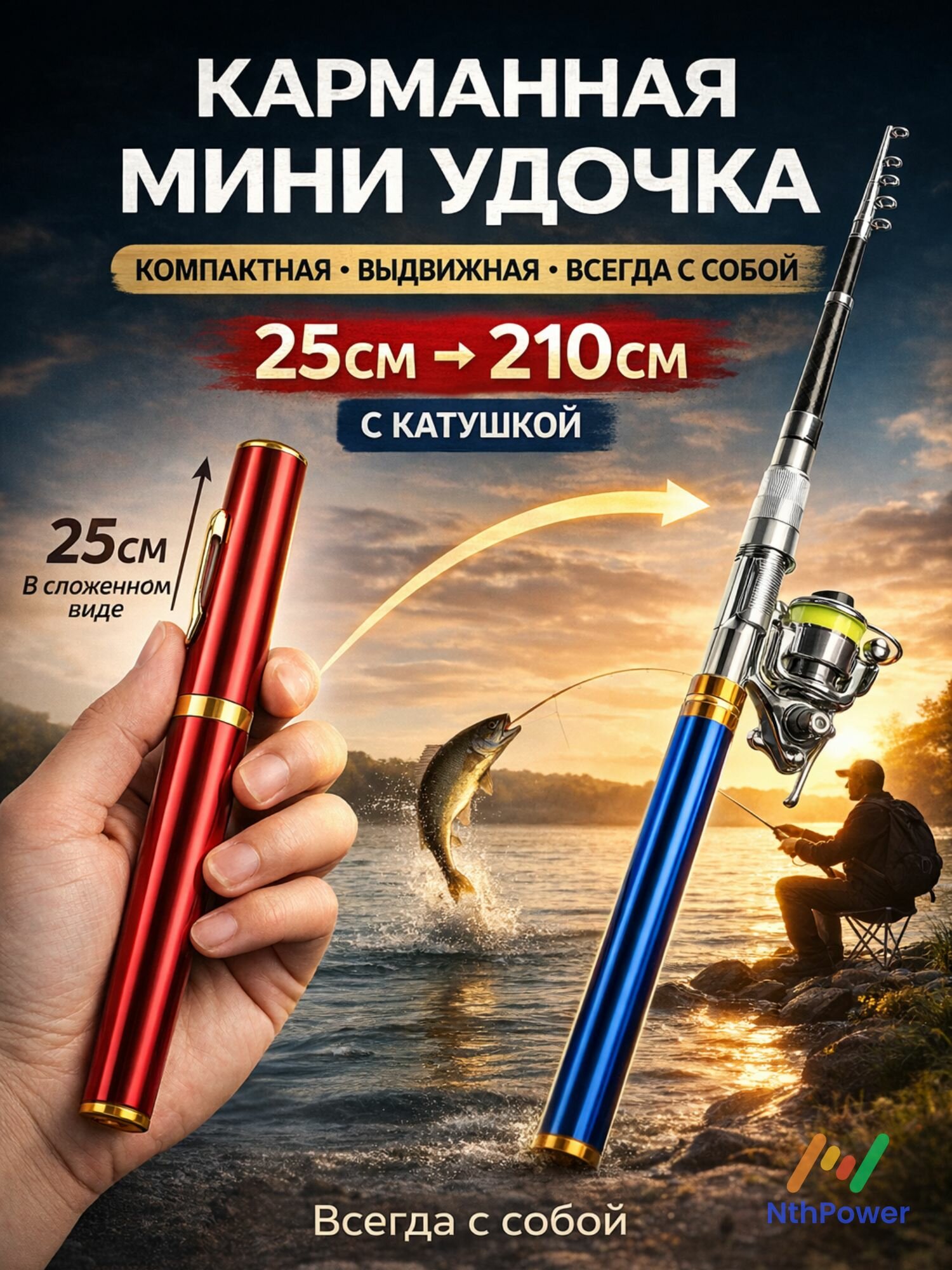 Удочка мини 2.1 м, компактная дорожная удочка для рыбалки, подарок рыбаку мужчине