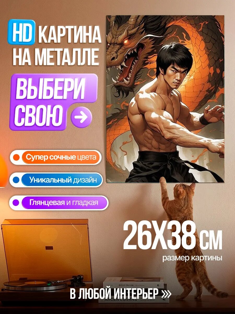 Картина на HD металле Брюс Ли и дракон