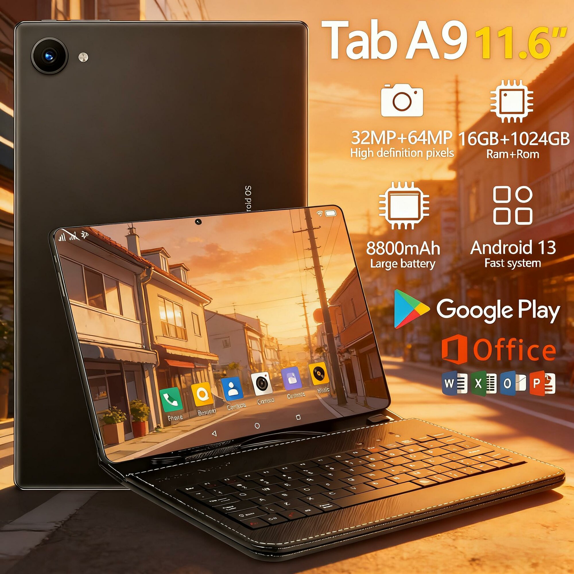 Игровой планшет TabA9, Android 13, 12 ядер, 64MP, Full HD 11.6", 16ГБ, 1ТБ