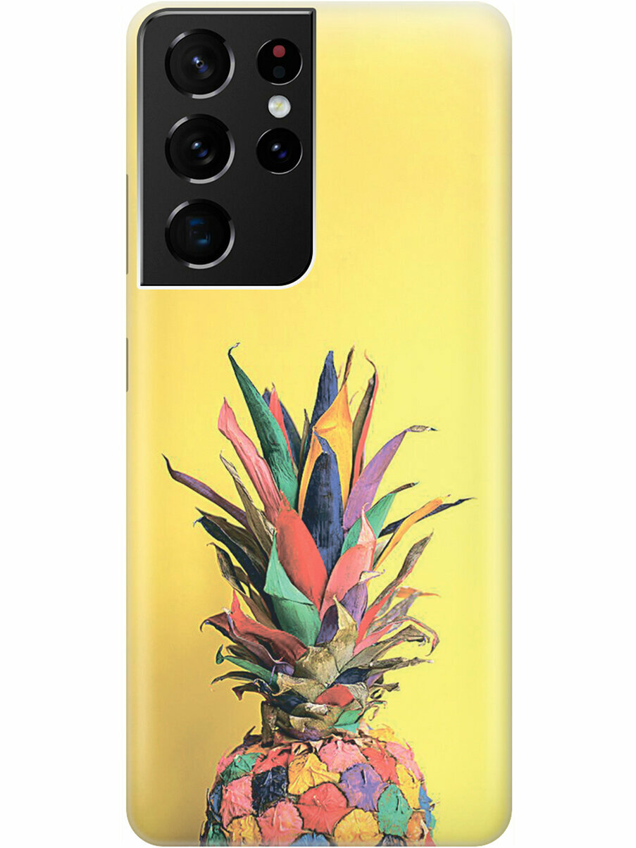 Ультратонкий силиконовый чехол-накладка для Samsung Galaxy S21 Ultra с принтом "Ананас на желтом"