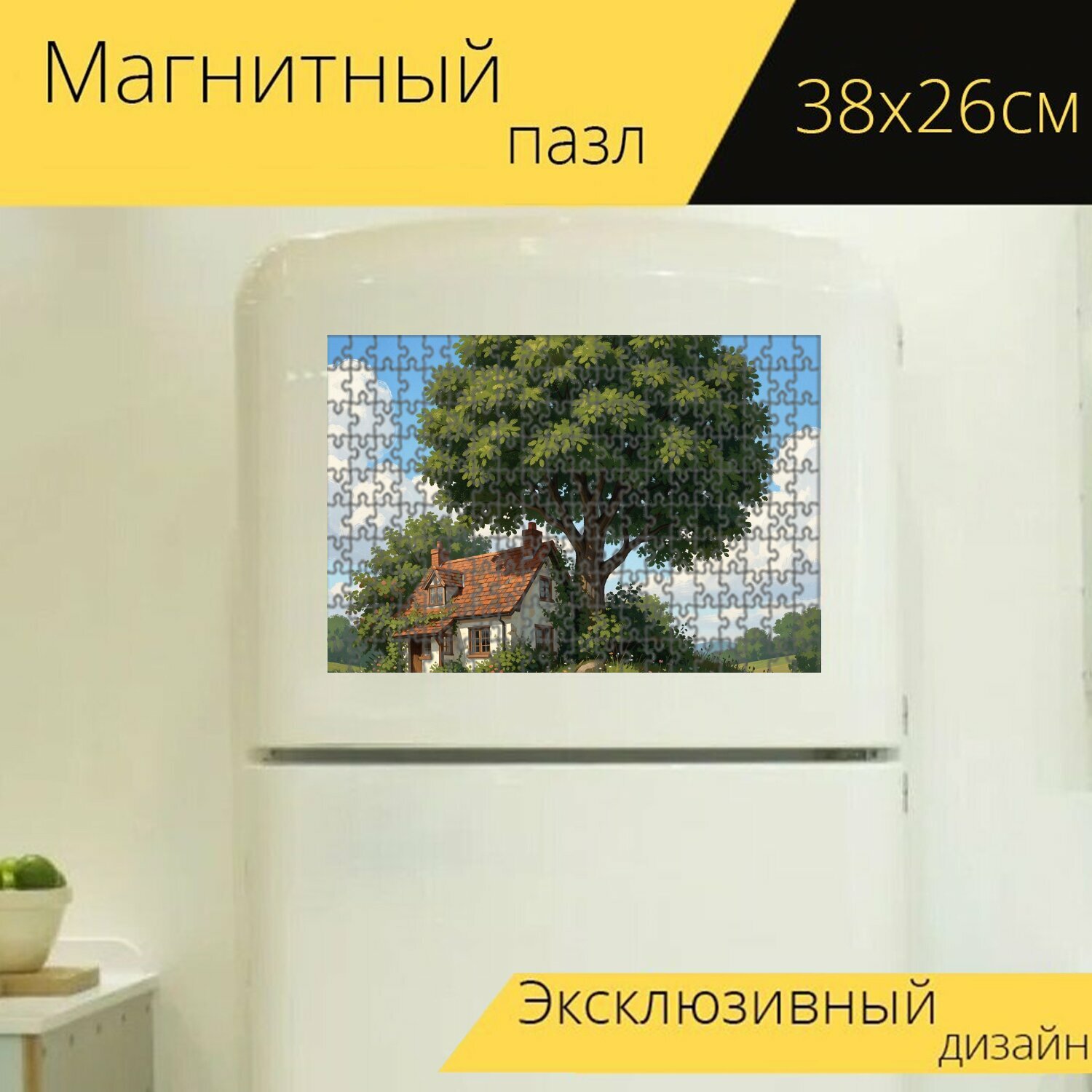 Магнитный пазл "Уютный дом под большим деревом. Живописный сельский пейзаж в тёплых зелёно-голубых тонах: маленький коттедж среди цветущего луга." для интерьера, 38х26 см.