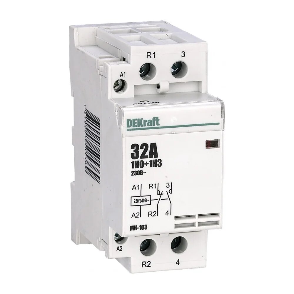Модульный контактор Dekraft МК103-040A-230B-11, двухполюсный с пластиковым корпусом, DIN‑рейка, контакт