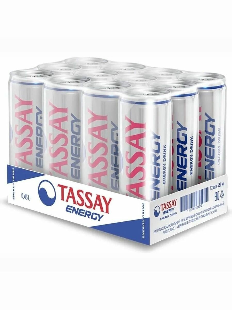 Энергетический напиток "Tassay", с кофеином, витамины, вкус оригинальный, 12 банок по 450мл