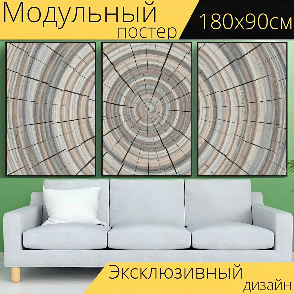 Модульный постер "Срез дерева с годовыми кольцами. Абстрактная древесная текстура в макросъемке: концентрические линии ствола." 180 x 90 см. для интерьера на стену в тубусе