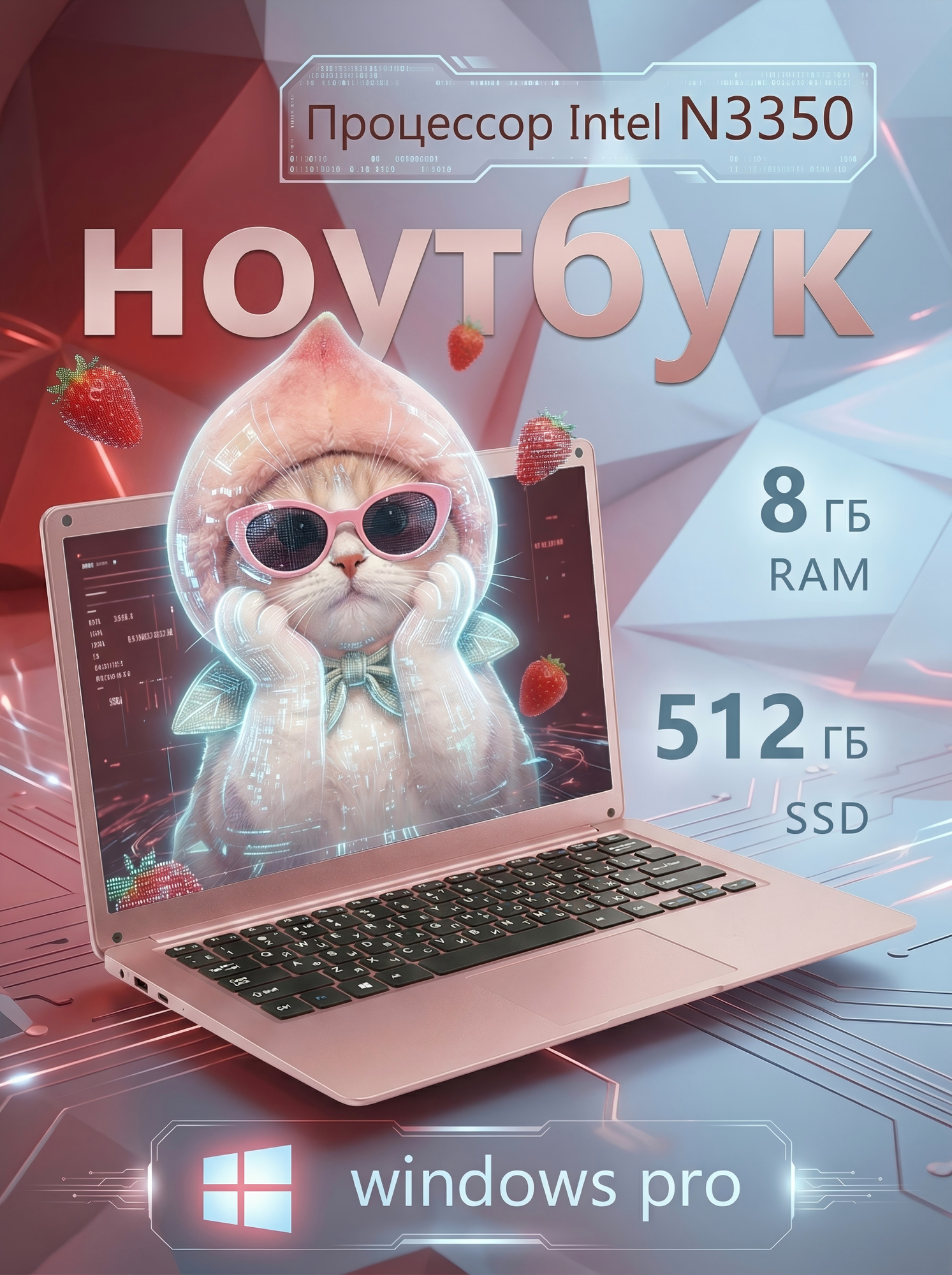 Ноутбук для работы и учебы 14"intel celeron N3350, RAM 8 ГБ, SSD 512 ГБ Windows Pro, Русская раскладка,
