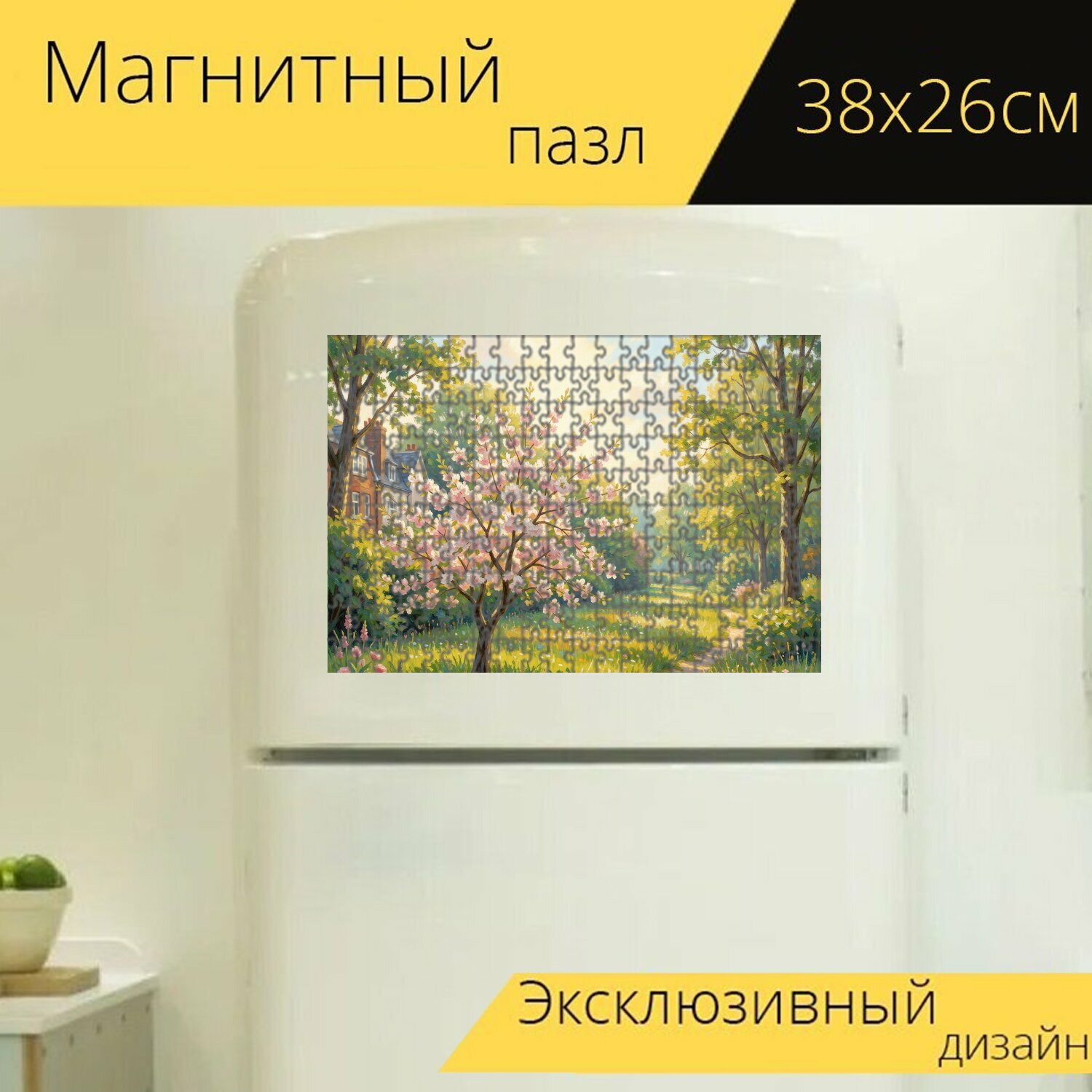 Магнитный пазл "Весенний сад с цветущим деревом. Нежная живопись с розовыми цветами, солнечной тропинкой, зелёной рощей и уютными домами. Пастельные тона." для интерьера, 38х26 см.