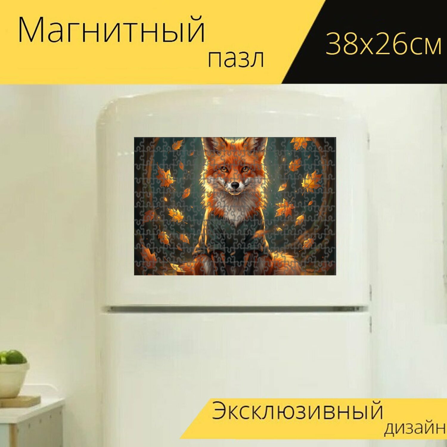 Магнитный пазл "Лиса в осеннем лесу. Рыжая лесная лисица в свитере среди падающих кленовых листьев, цифровая иллюстрация в теплых оранжевых и изумрудных." для интерьера, 38х26 см.