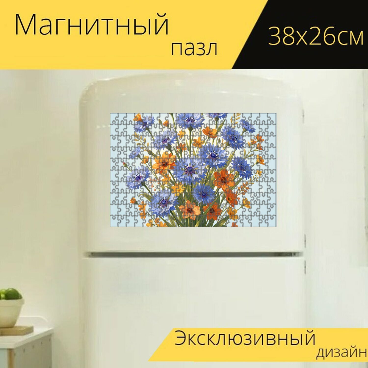 Магнитный пазл "Букет васильков и оранжевых цветов. Нежная ботаническая иллюстрация полевых растений в голубых и теплых янтарных оттенках на светлом фоне." для интерьера, 38х26 см.