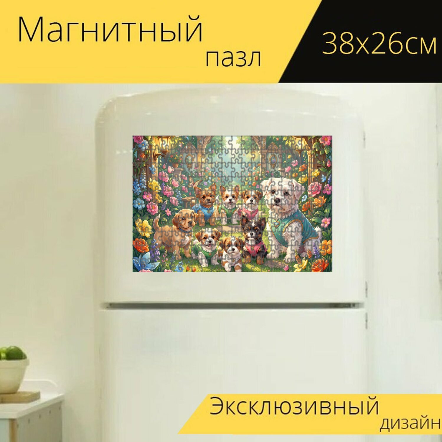 Магнитный пазл "Щенки в цветочном саду. Сказочная иллюстрация с группой милых собачек среди арки, фонарей, роз и ярких цветов. Пастельные тона, уютная." для интерьера, 38х26 см.