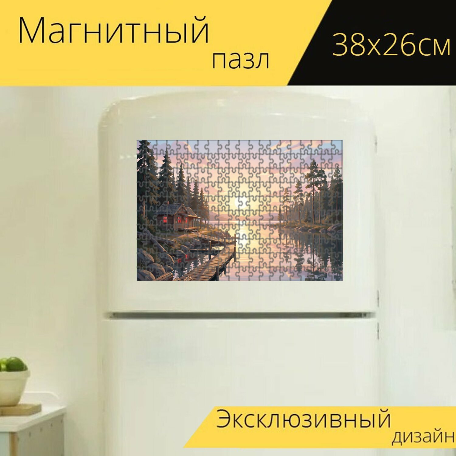 Магнитный пазл "Лесное озеро с домиком на рассвете. Уютная деревянная хижина у спокойной водной глади, пирс, хвойный берег, отражение сосен и облаков." для интерьера, 38х26 см.