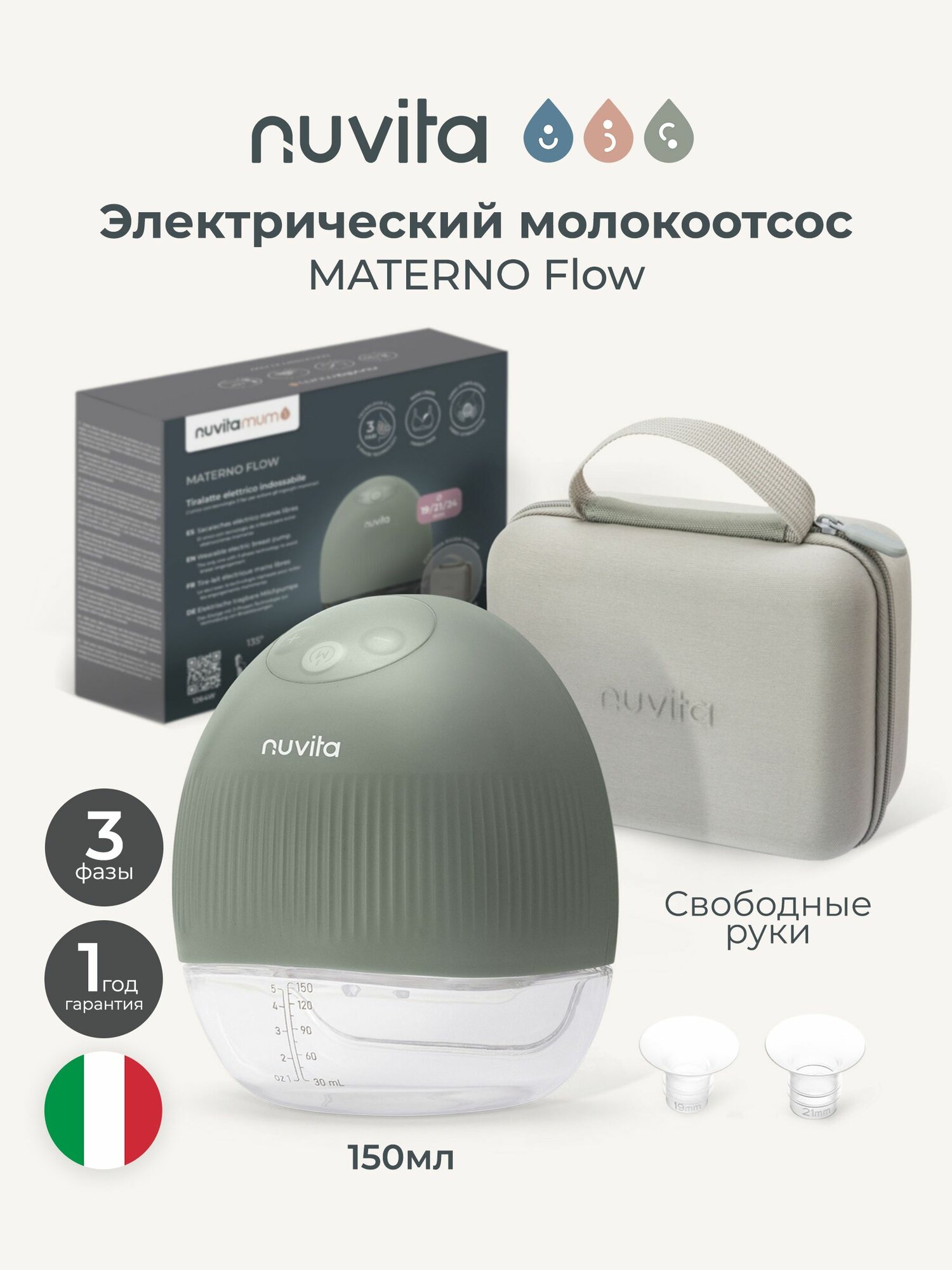 Молокоотсос электрический портативный трехфазный Nuvita Materno Flow (1264W) беспроводной с молокосборником 150 мл