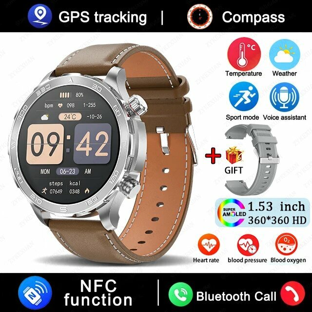 Умные часы мужские GPS AMOLED Brown leather