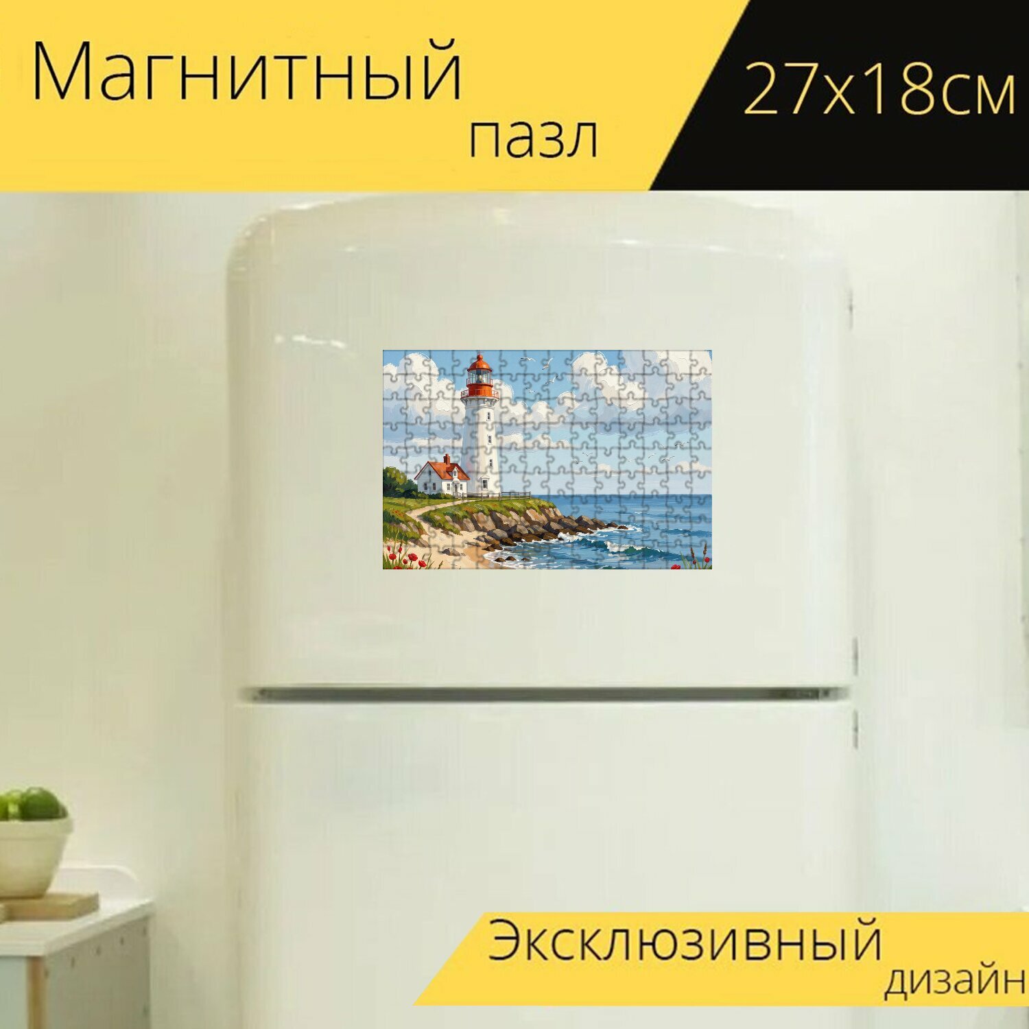 Магнитный пазл "Маяк на морском берегу. Живописное побережье с белой башней, домиком у скал, песчаной бухтой, волнами, чайками и алыми маками. Масляная." на холодильник 27 x 18 см.