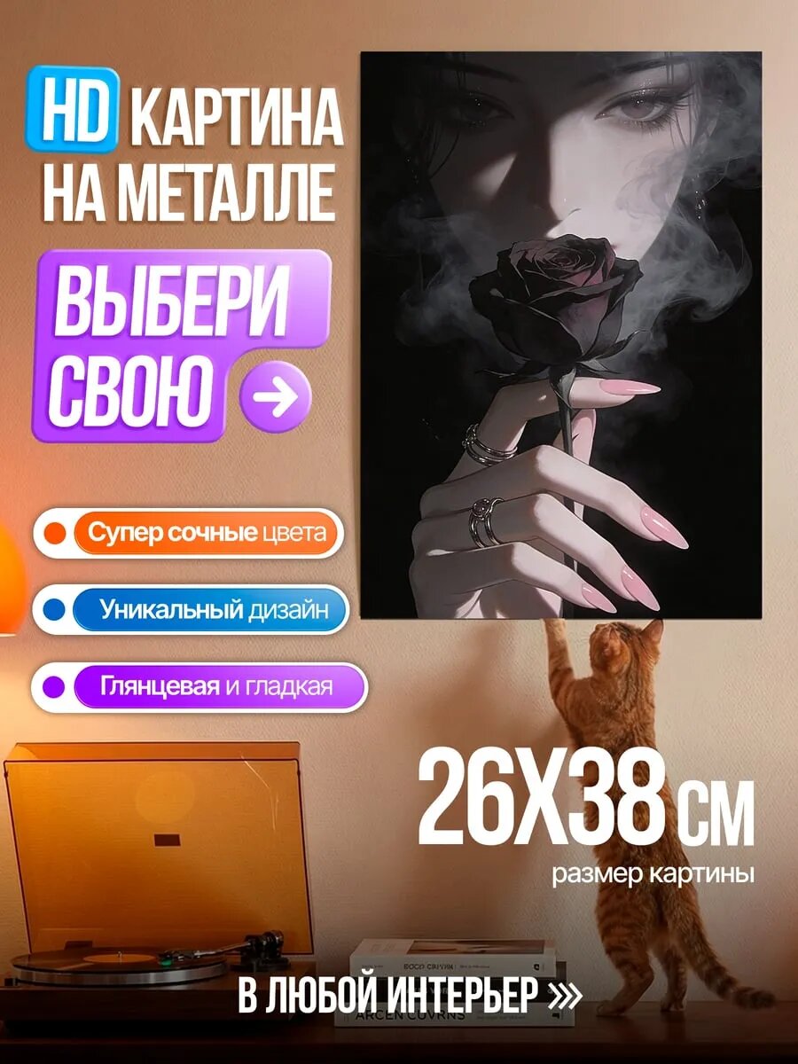 Картина на HD металле Девушка с черной розой