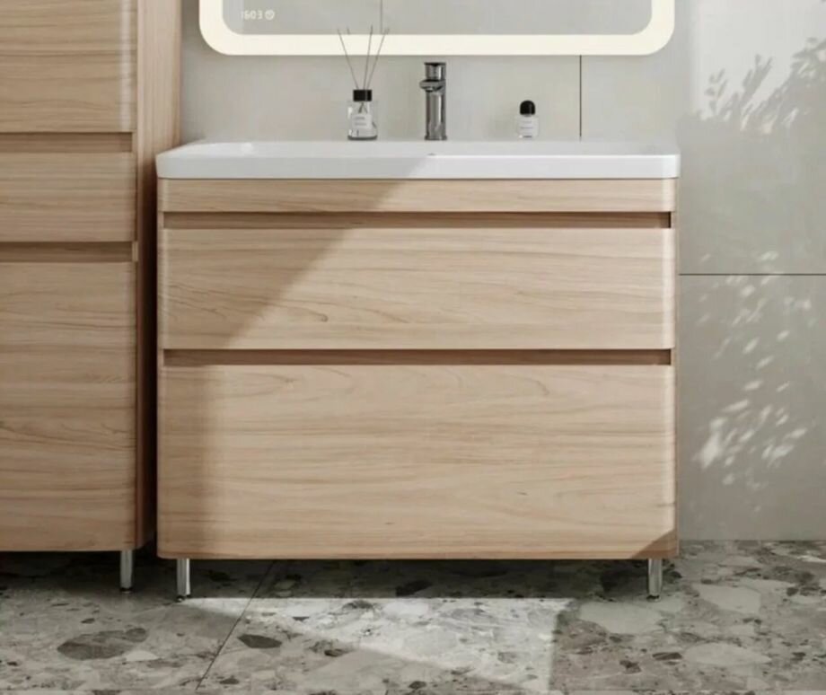 Тумба с раковиной Атлантика 90 Plus Люкс напольная, ясень перламутр