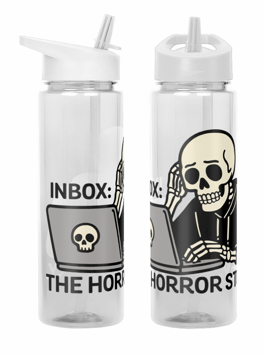 Бутылка белая для воды с принтом Скелет за ноутбуком: Inbox: The horror story