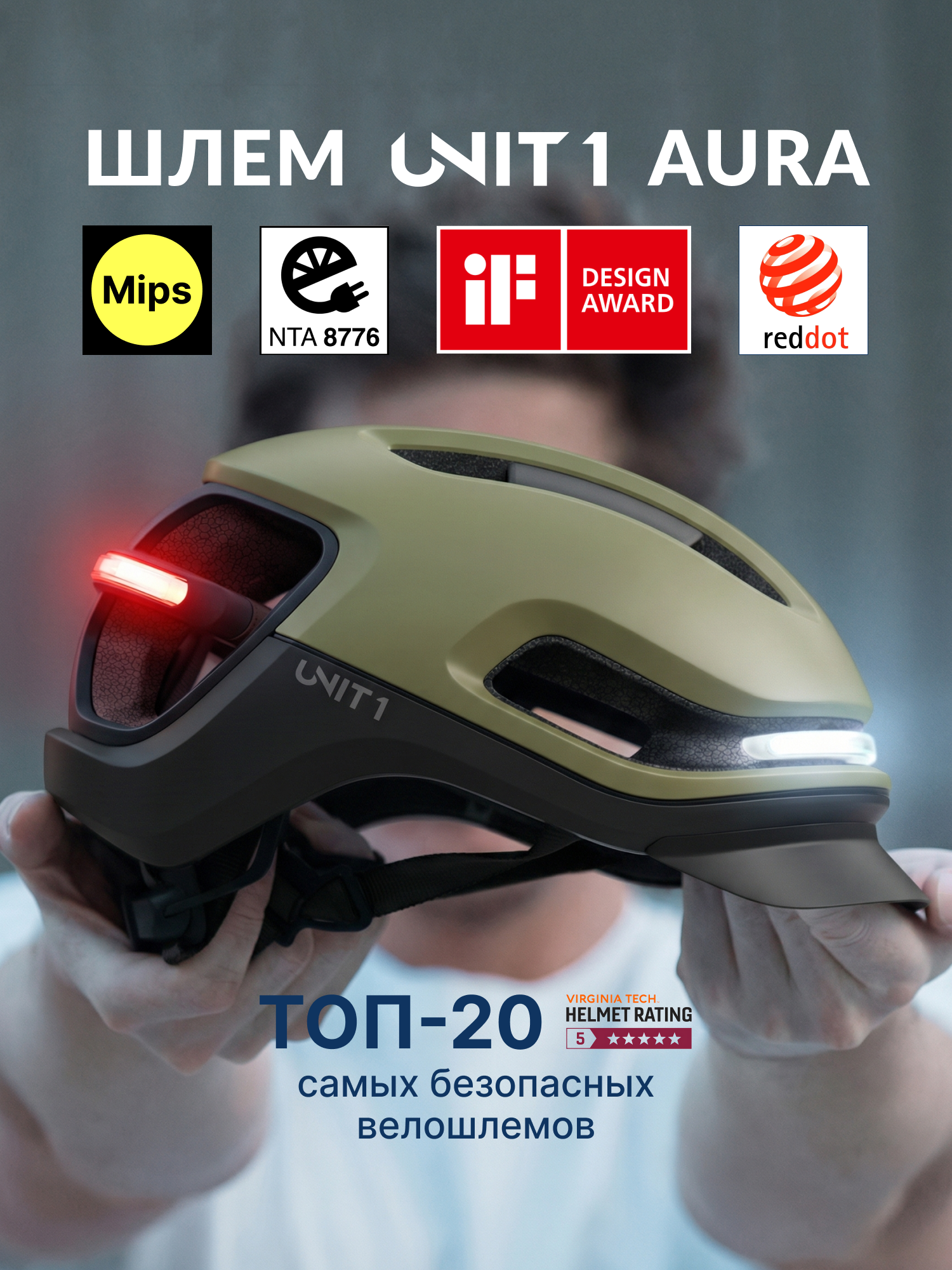 Велошлем UNIT 1 AURA умный, с подсветкой, стоп-сигнал, указатели поворота, MIPS, 5 звёзд безопасности Virginia Tech