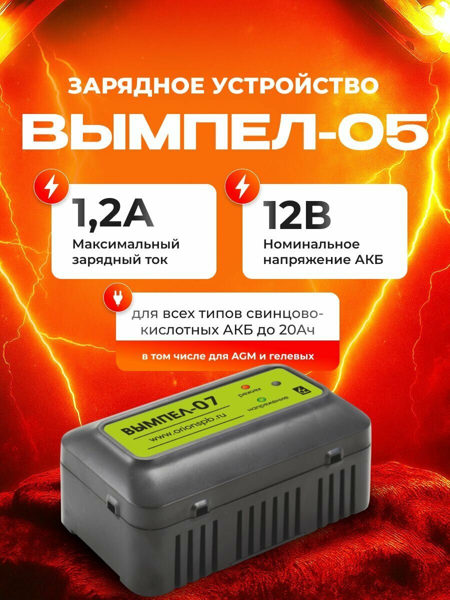 Зарядное устройство 1,2А 12V автоматическое, ручной режим для гелевых АКБ Вымпел 07 (вымпел)