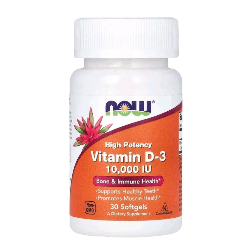 Витамин D3 10000 МЕ NOW Foods, 120 капсул – для иммунитета, костей и мышц, халяль, кошерный, без ГМО, США