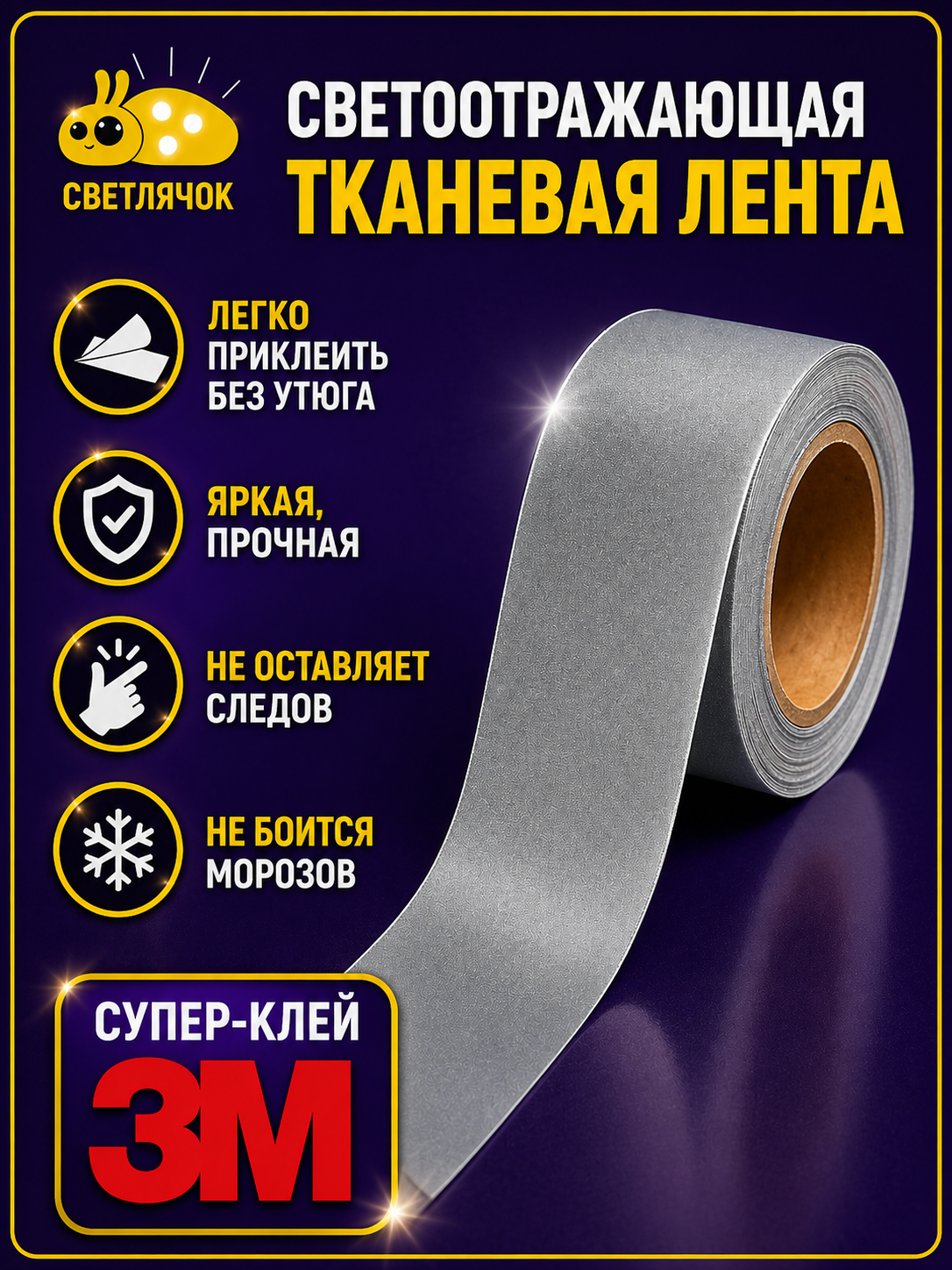 Светоотражающая лента "Светлячок", самоклейщаяся, серебристая, для одежды и техники, длина 3 м
