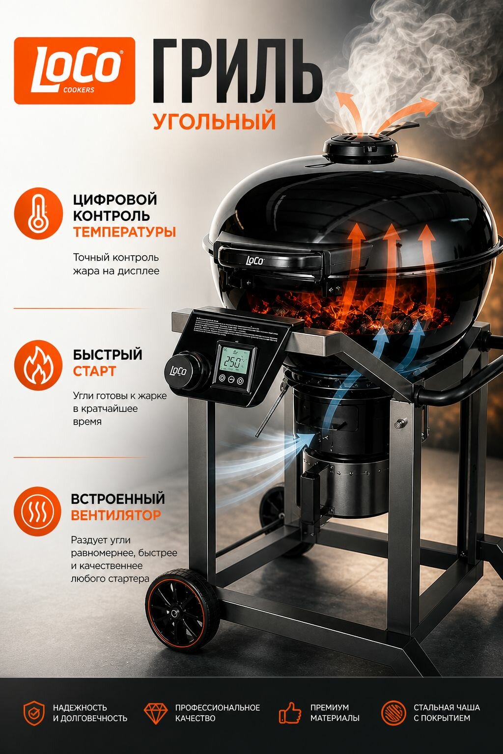 Гриль угольный LOCO Cookers by BRONX 57 см с крышкой, барбекю для дачи и улицы, на колесах, удобный и надежный