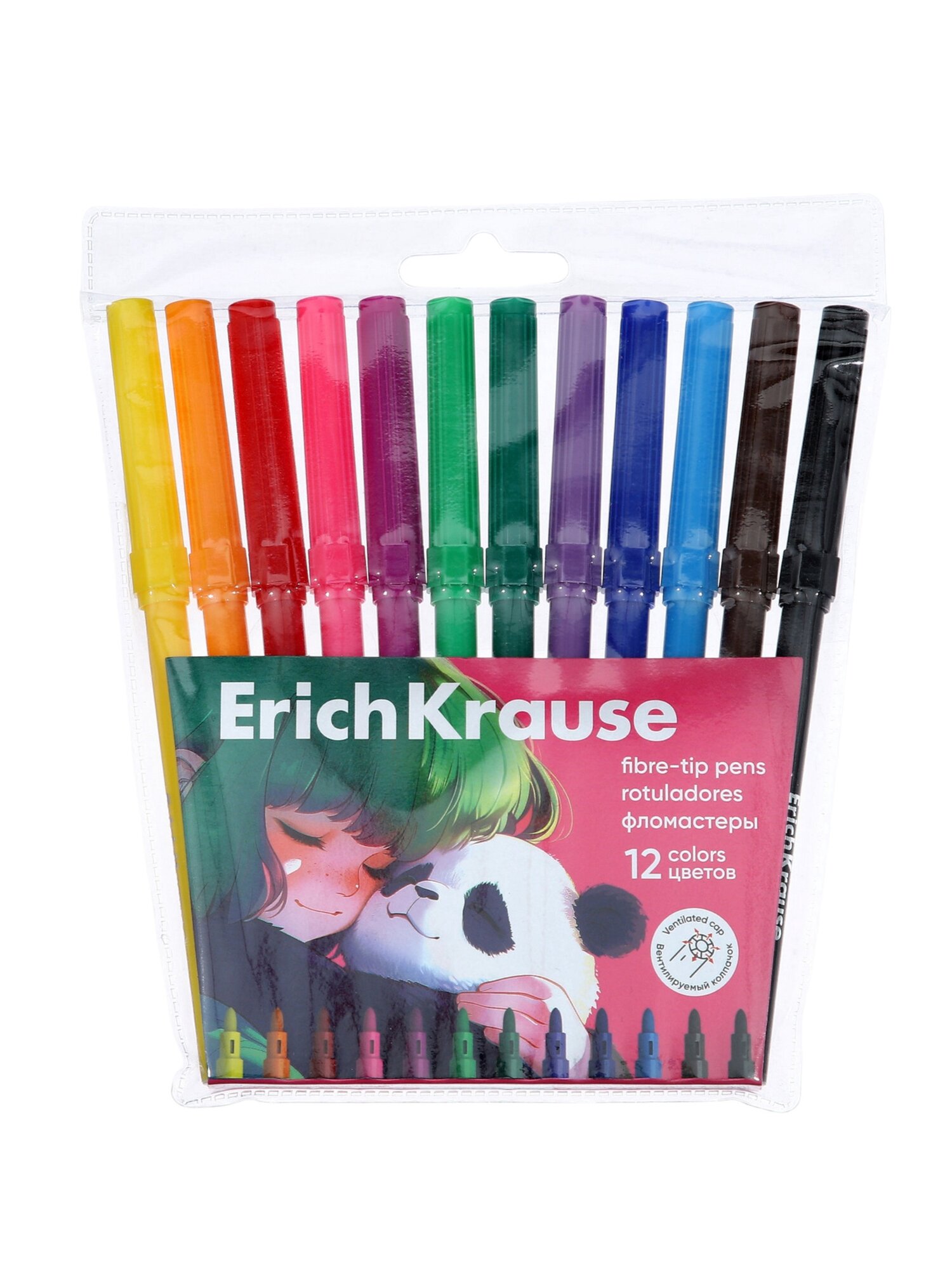 Фломастеры ErichKrause Panda Hugs, 12 цветов, в футляре с европодвесом