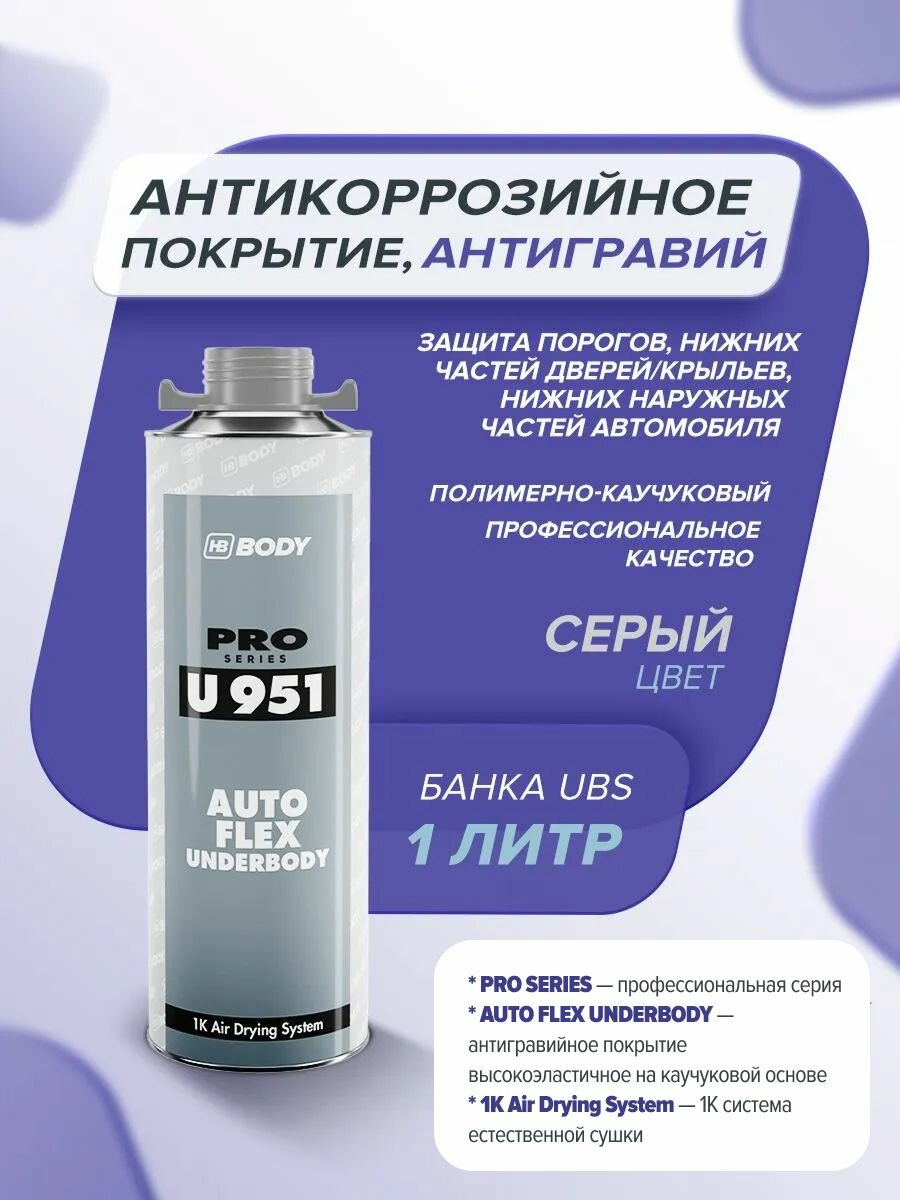 Антикоррозийное покрытие для авто 1 л серый / HB BODY 951 / шумоизоляция, мастика антикор для днища, арок и кузова, защита от ржавчины, евробаллон под пистолет автомобильная антикоррозийная мастика шумопоглощающее покрытие защита днища и ар