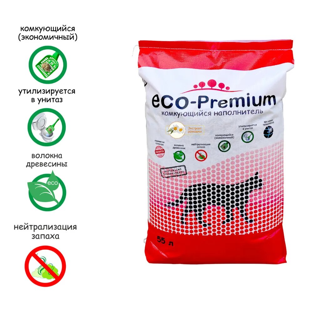 Наполнитель древесный комкующийся, ECO-Premium (Эко-премиум) с запахом ромашки, 20 кг, 55 л