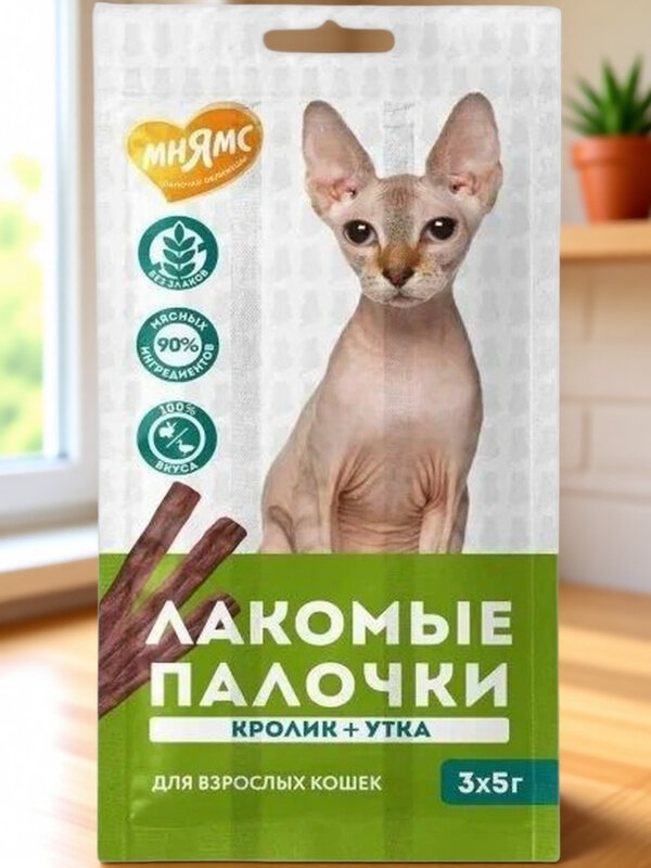 Мнямс Лакомство для кошек лакомые палочки (утка/кролик), 3 шт*5 г, 1 уп