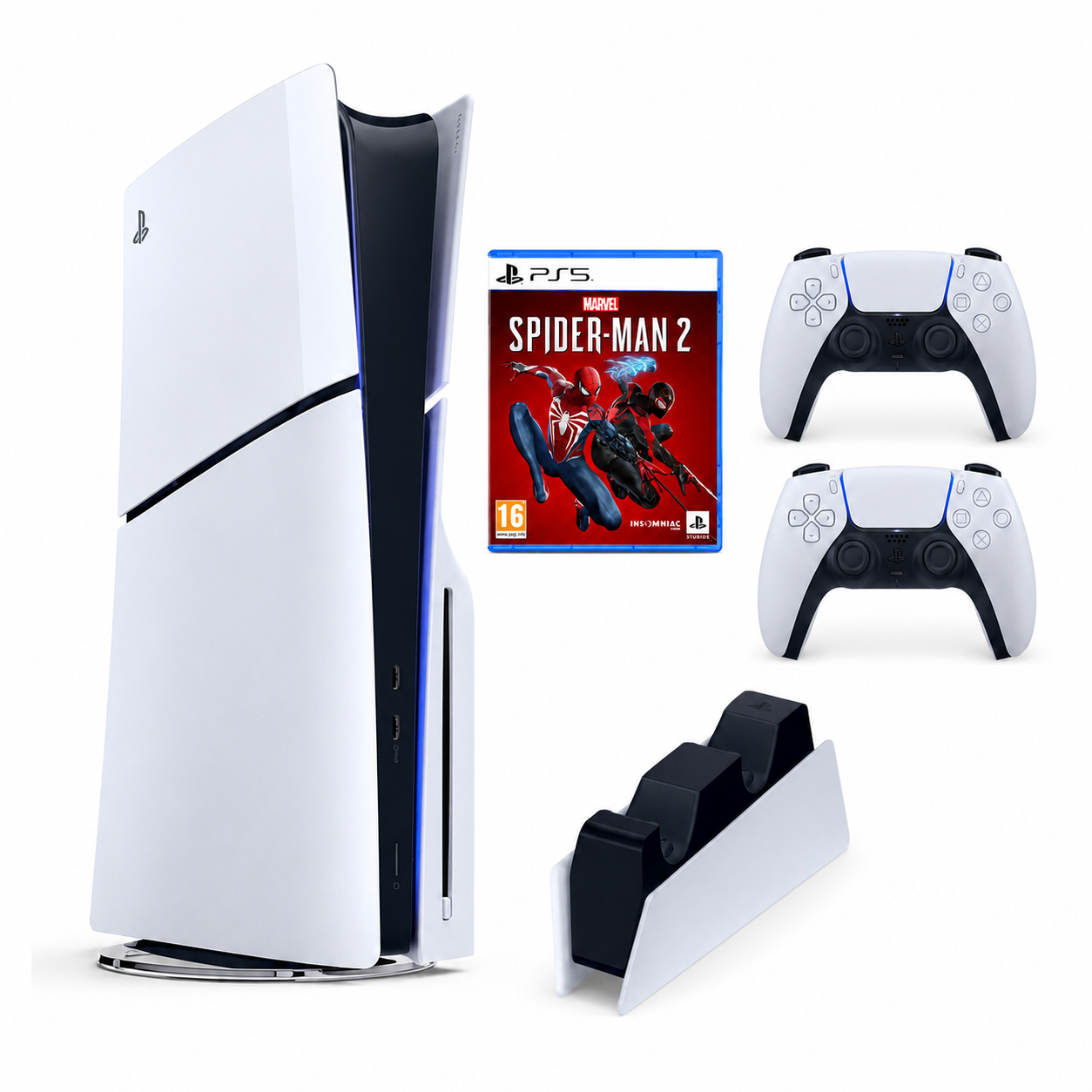 Игровая приставка Sony PlayStation 5 Slim + 2 геймпада DualSense + Spider-Man 2 + Зарядная станция