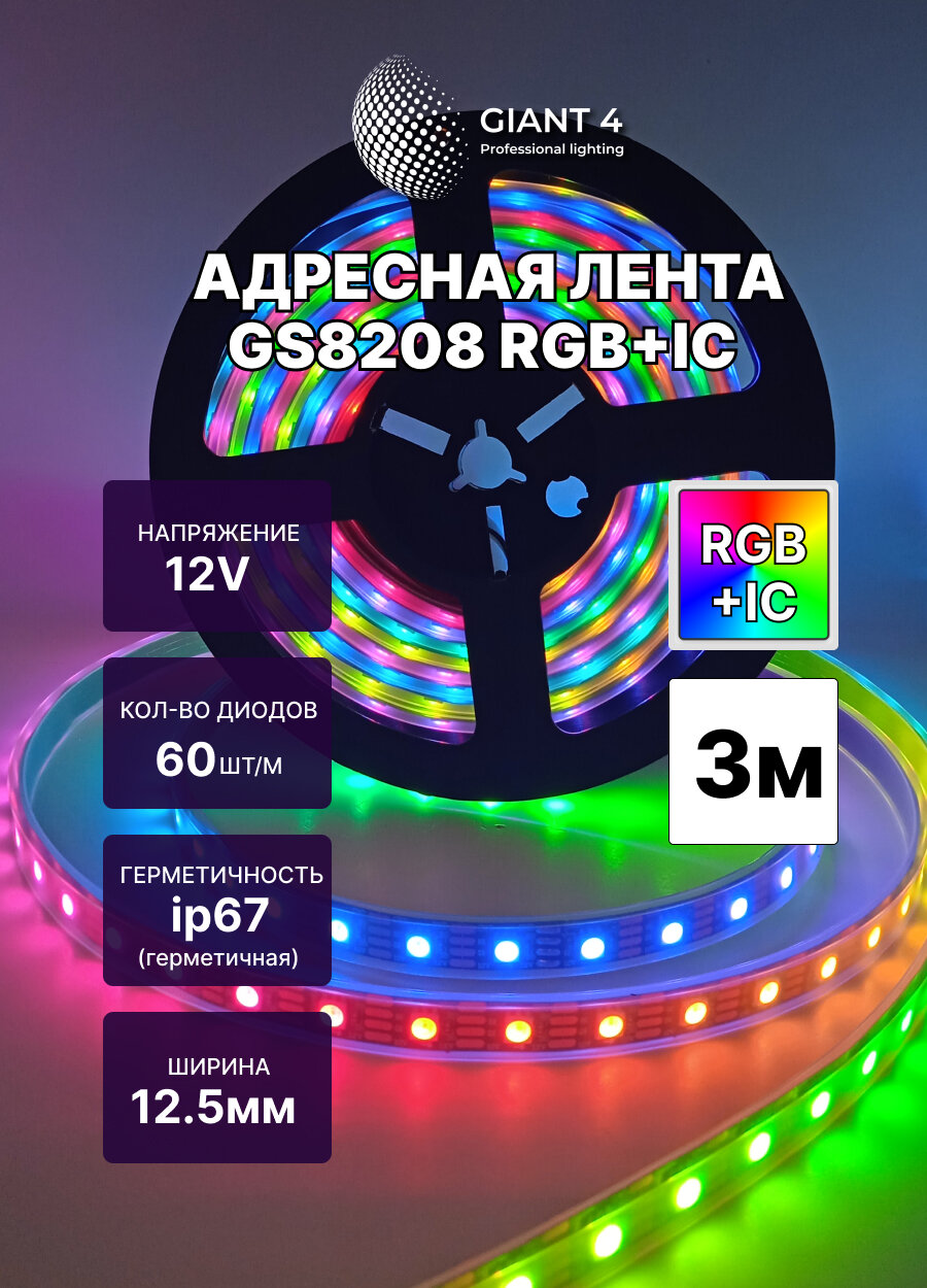 Адресная лента GS8208 12V 60 led IP67 3м