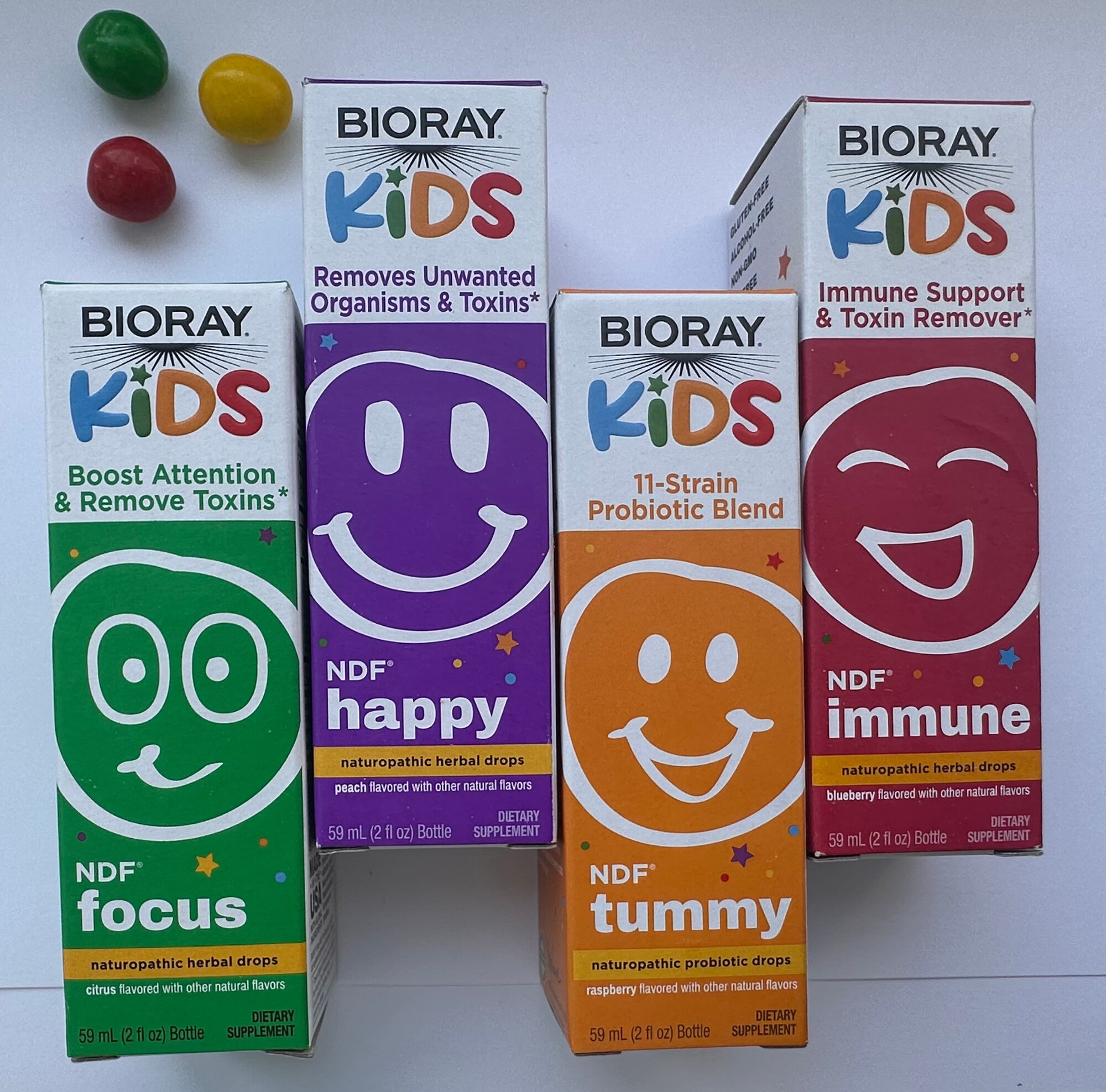 Bioray Kids набор, 4 шт по 59 мл. Концентрация внимания, интоксикация и выведение нежелательных организмов у детей, вкус персика, голубики, малины, 4 шт по 59 мл