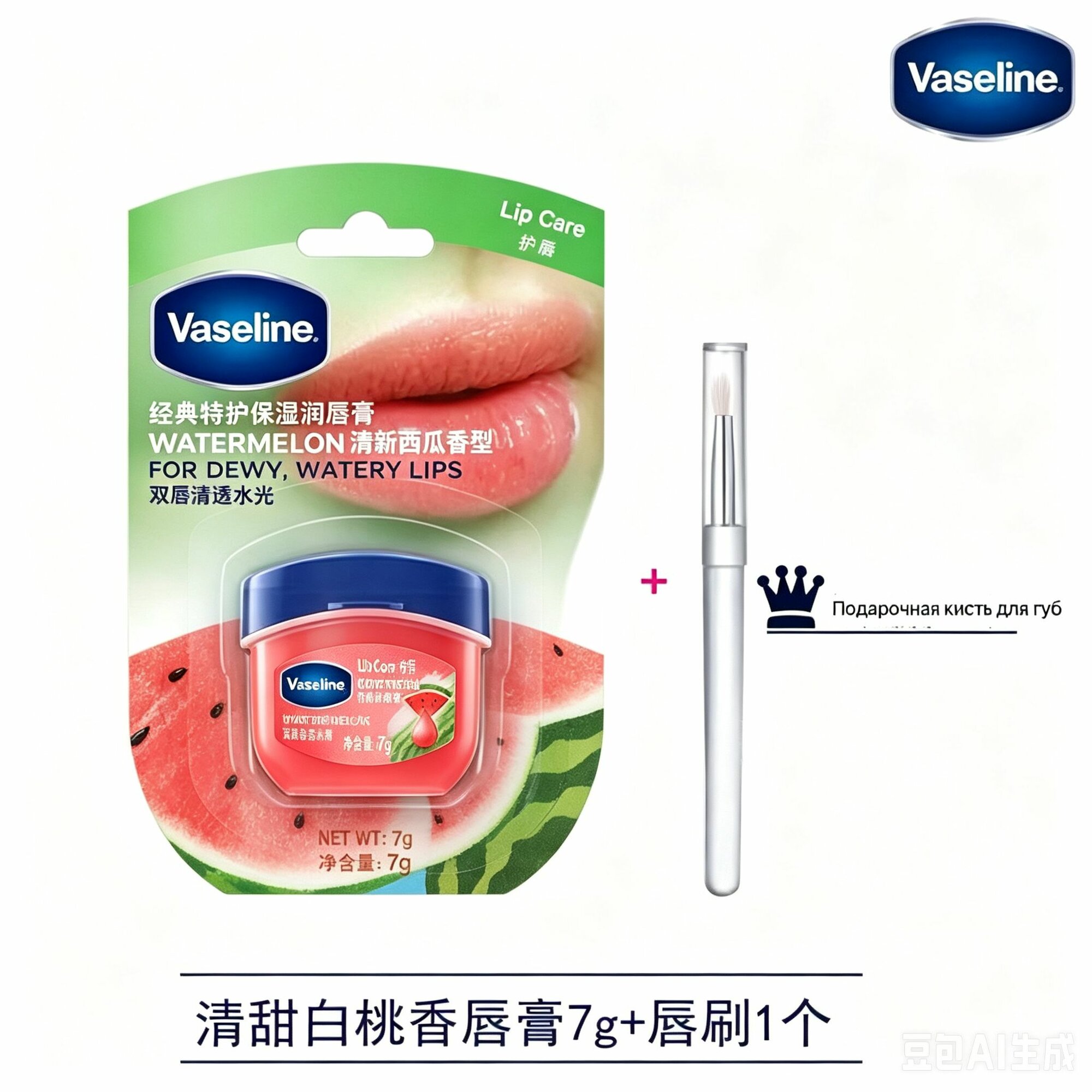 Бальзам для губ Vaseline с ароматом арбуза, увлажняющий, питательный, 7 г + кисть в подарок