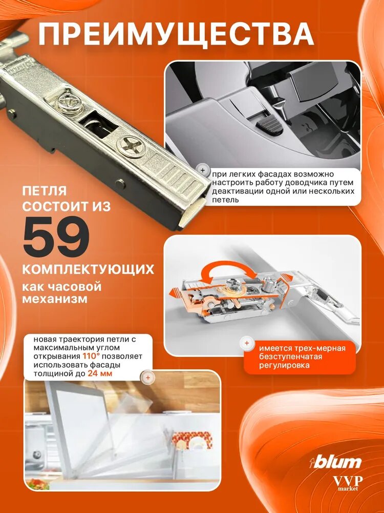 Blum CLIP top BLUMOTION Петли для мебели 71B3550 с доводчиком 110° открывания Австрия, серый металлик, хром