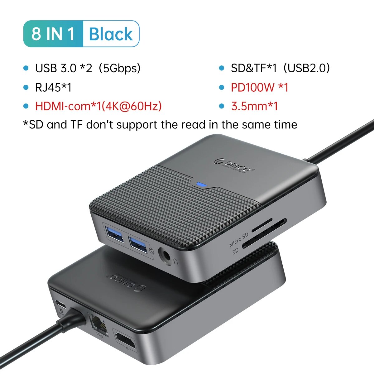ORICO Док-станция 8-в-1, USB 3.0, HDMI 4K@60Hz, RJ45, SD/TF, PD 1